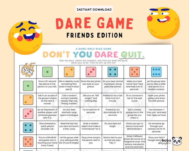 Printable Fun Dares Game for Group Party Dice Game Truth or Dare Dice ...