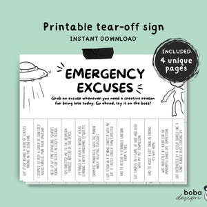 Printable Emergency Excuses Tear off Sign Funny Office Wall Decor Funny ...