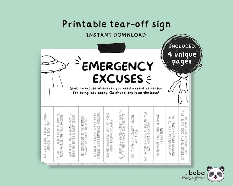 Printable Emergency Excuses Tear off Sign Funny Office Wall Decor Funny ...