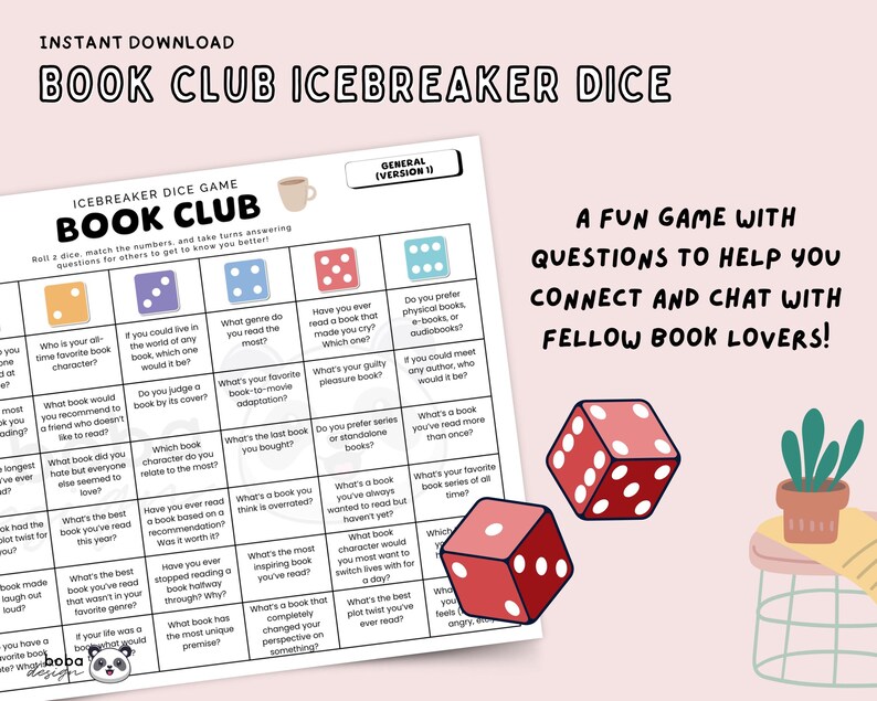 Printable Book Club Icebreaker Game Book Club Activity Book Club Dice ...