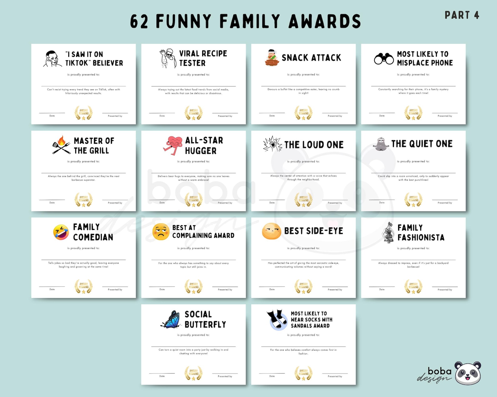 Printable Funny Family Awards Appreciation Fun Gifts for Family Members ...