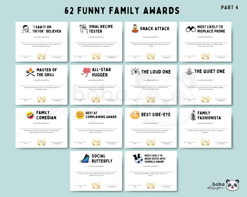 Printable Funny Family Awards Appreciation Fun Gifts for Family Members ...
