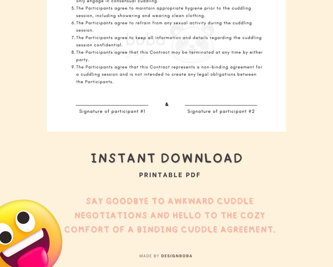 Cuddle Buddy Contract - Funny Printable Contract, Funny Cuddle Contract ...