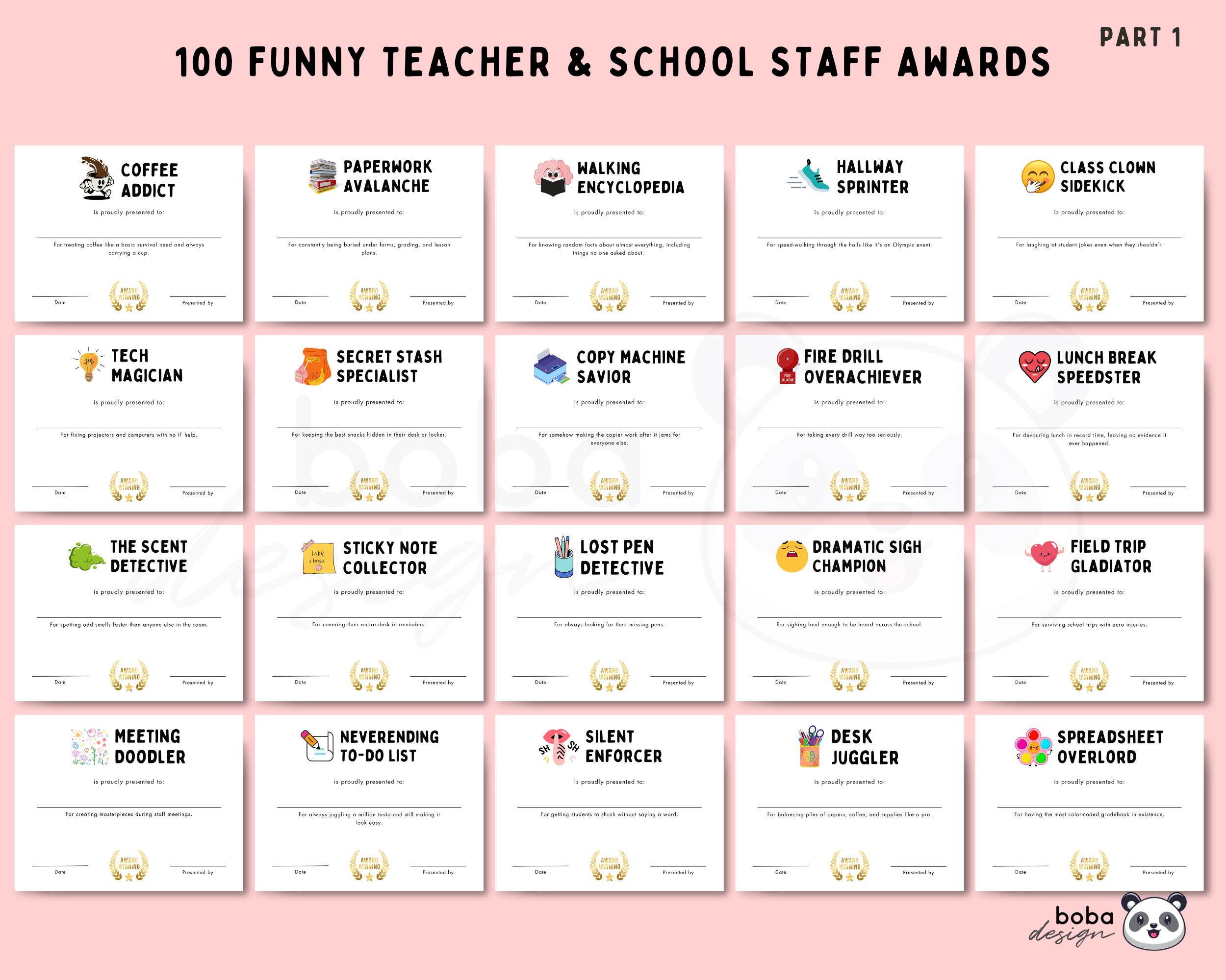 Printable Funny Teacher Awards Teacher and School Staff Appreciation ...