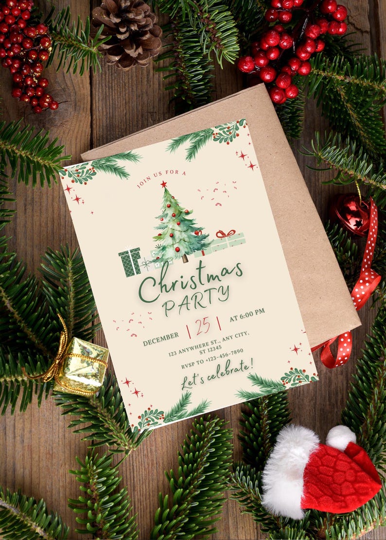 Green Christmas Tree Party Invitation (digital Download) - Etsy