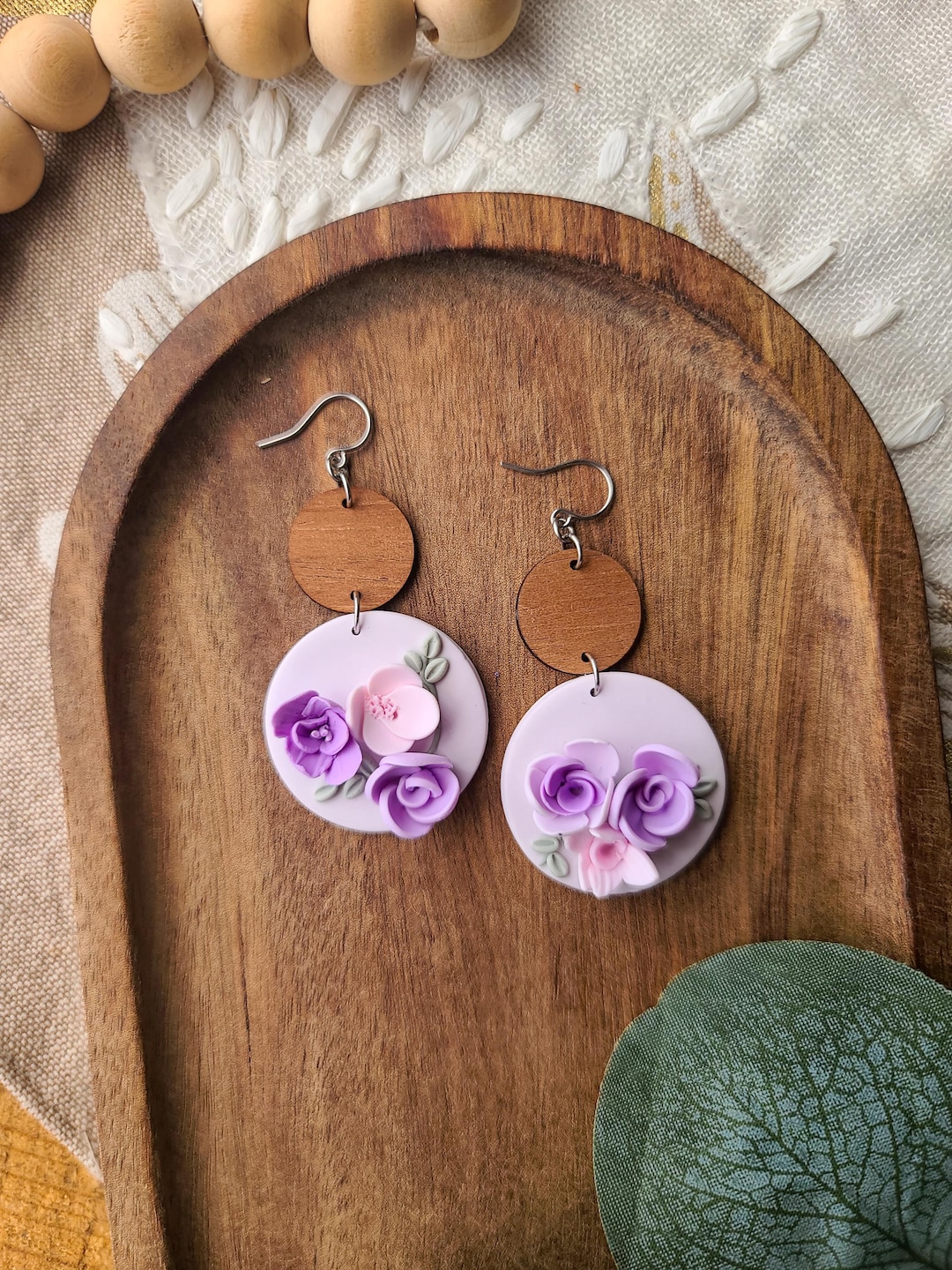 Demure Blush and Lilac Floral Circular Earrings, Polymer Clay Dangles ...
