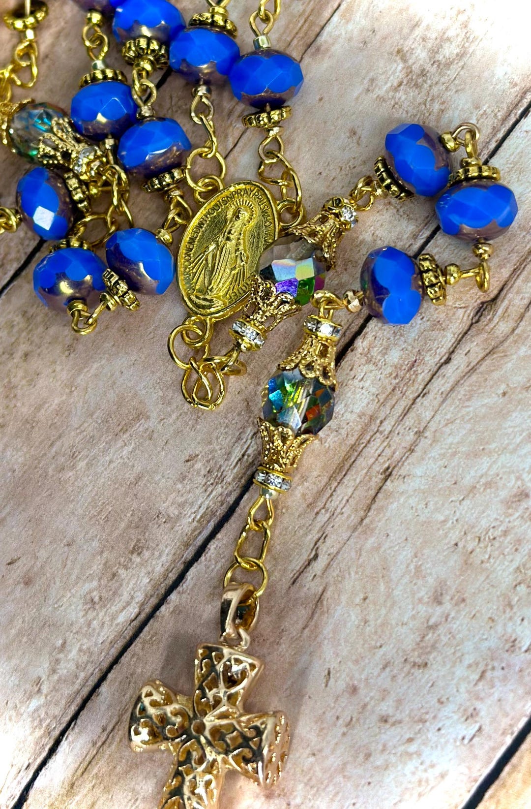 Blue and Gold Crystal Rosary - Etsy