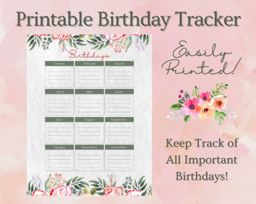 Floral Birthday Tracker | Printable | Instant Download | Birthday ...