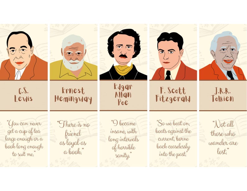 Printable Classic Author Quote Bookmarks – Set of 10 | Digital Download ...