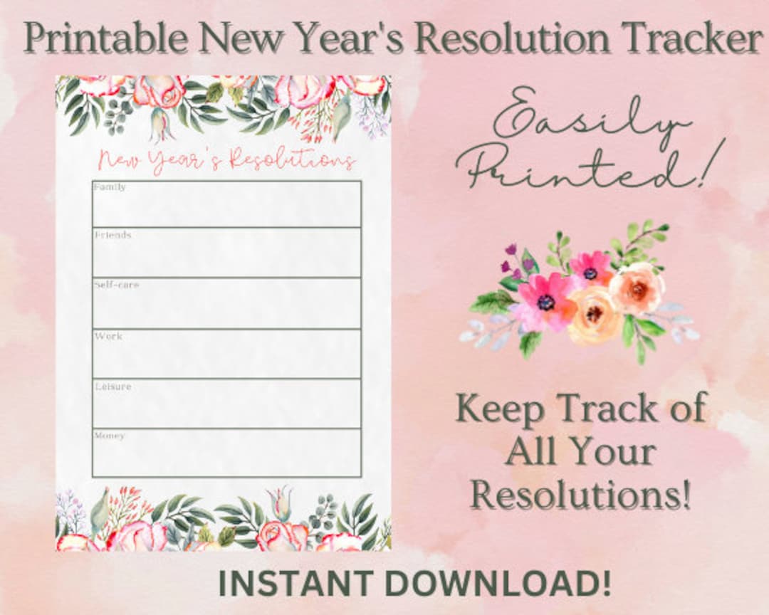 Printable Floral New Year's Resolution Tracker Resolution Sheet Goal ...