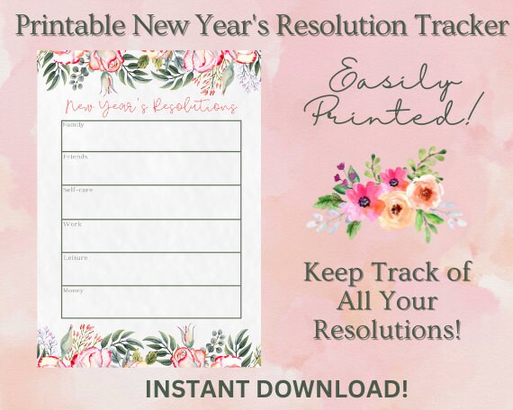 Printable Floral New Year's Resolution Tracker Resolution Sheet Goal ...