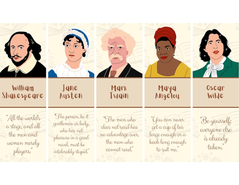 Printable Classic Author Quote Bookmarks – Set of 10 | Digital Download ...