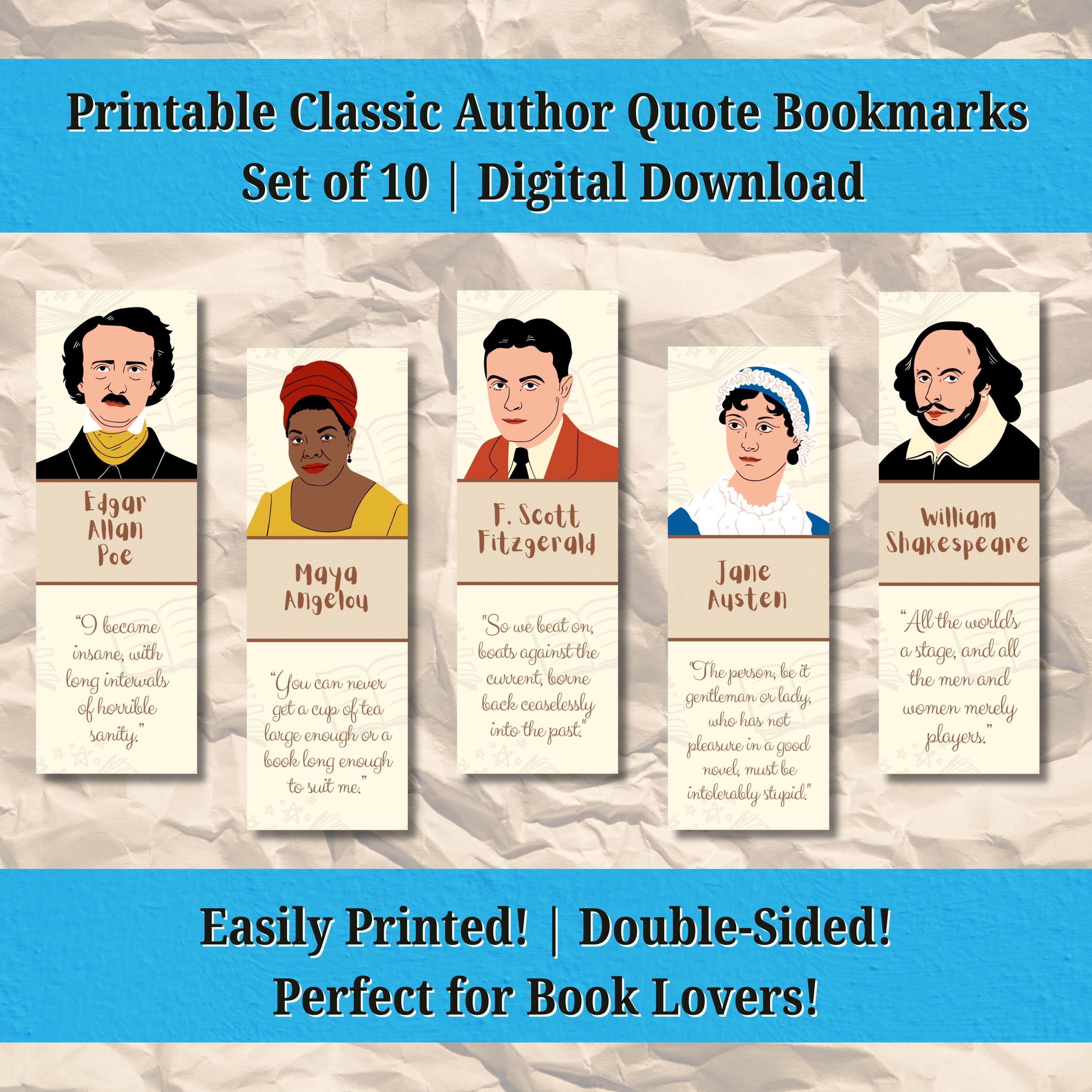Printable Classic Author Quote Bookmarks – Set of 10 | Digital Download ...
