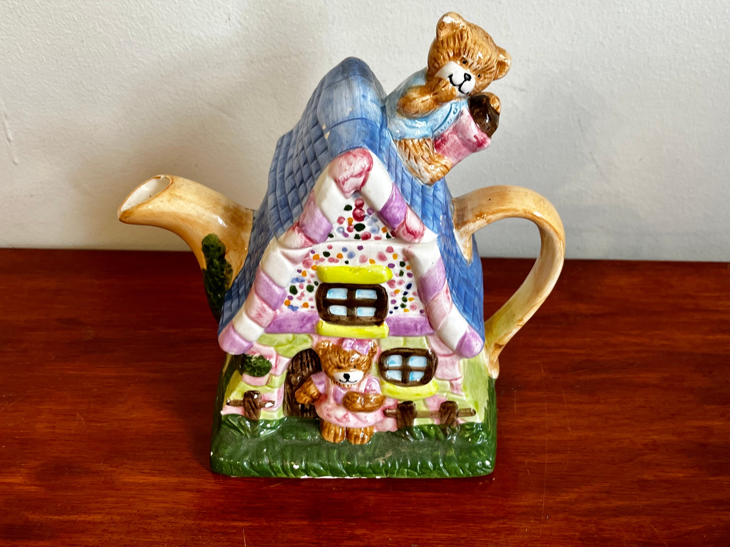 Country Cottage Bears Colorful House Teapot Collectible Vintage Ceramic ...