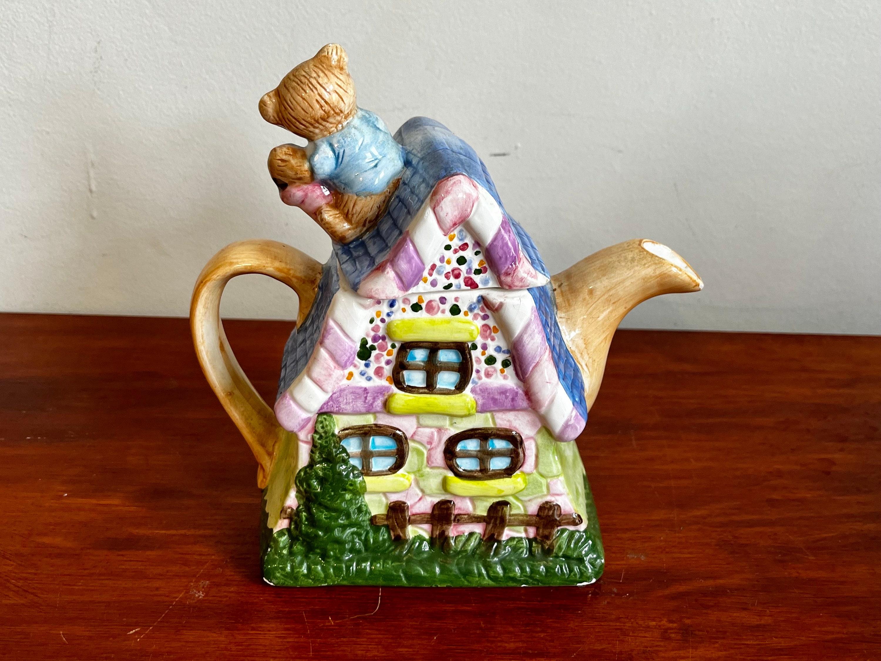 Country Cottage Bears Colorful House Teapot Collectible Vintage Ceramic ...