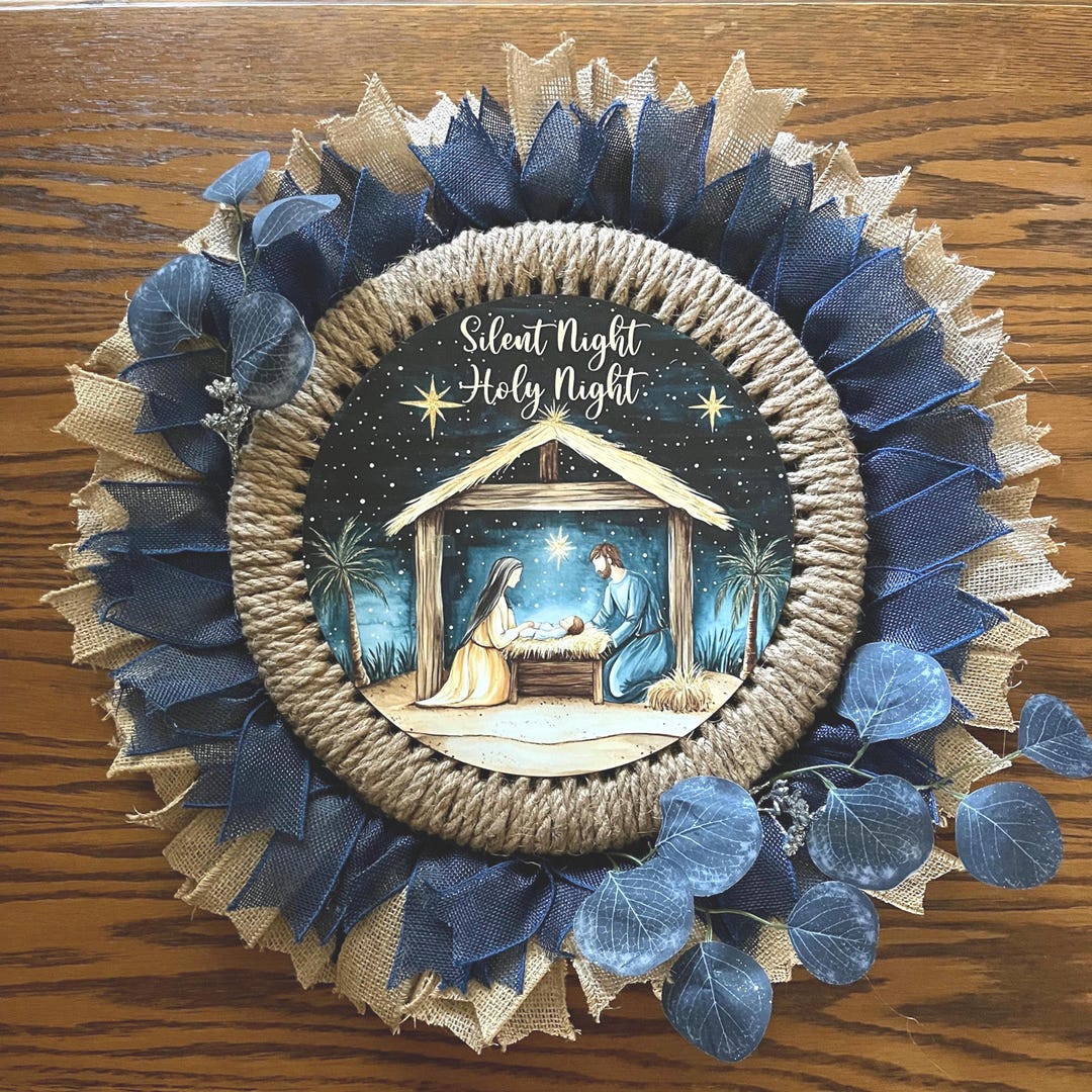 Rope & Burlap Nativity Christmas Wreath – Blue Eucalyptus, Rustic ...