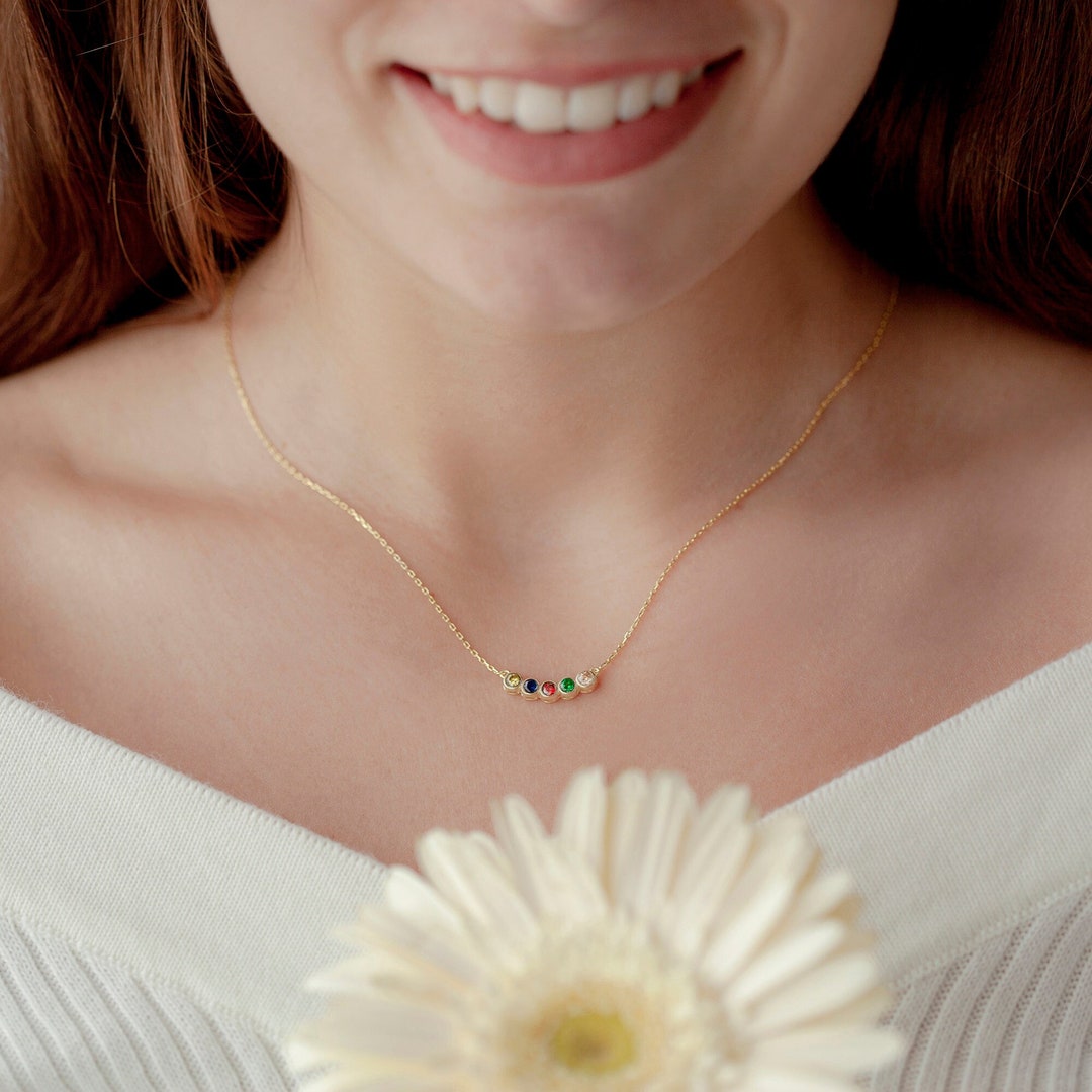 14K Solid Gold Birthstone Necklace, Personalized Dainty Gold Necklace ...