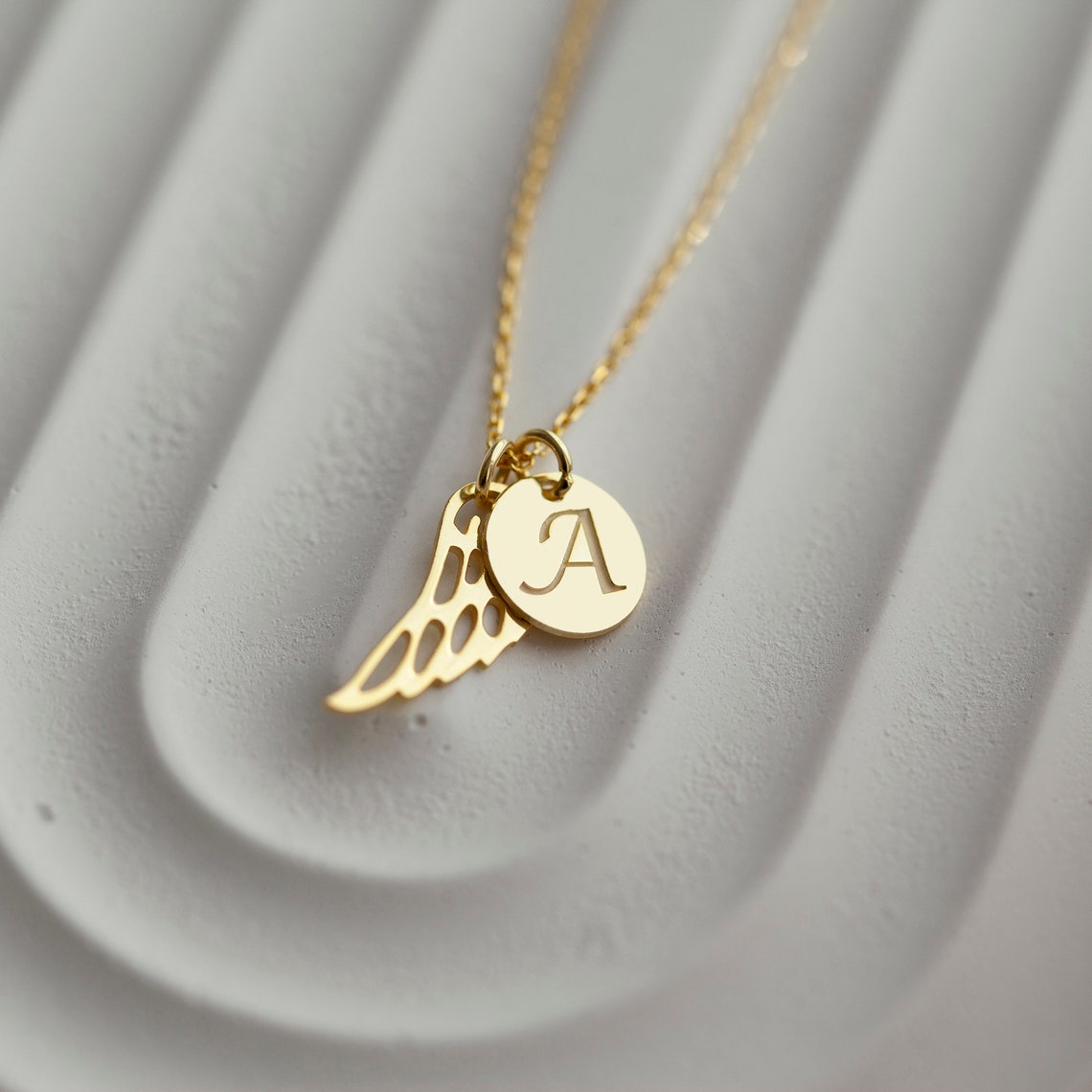 14K Solid Gold Memorial Angel Wing Necklace With Initial Disc, Solid ...