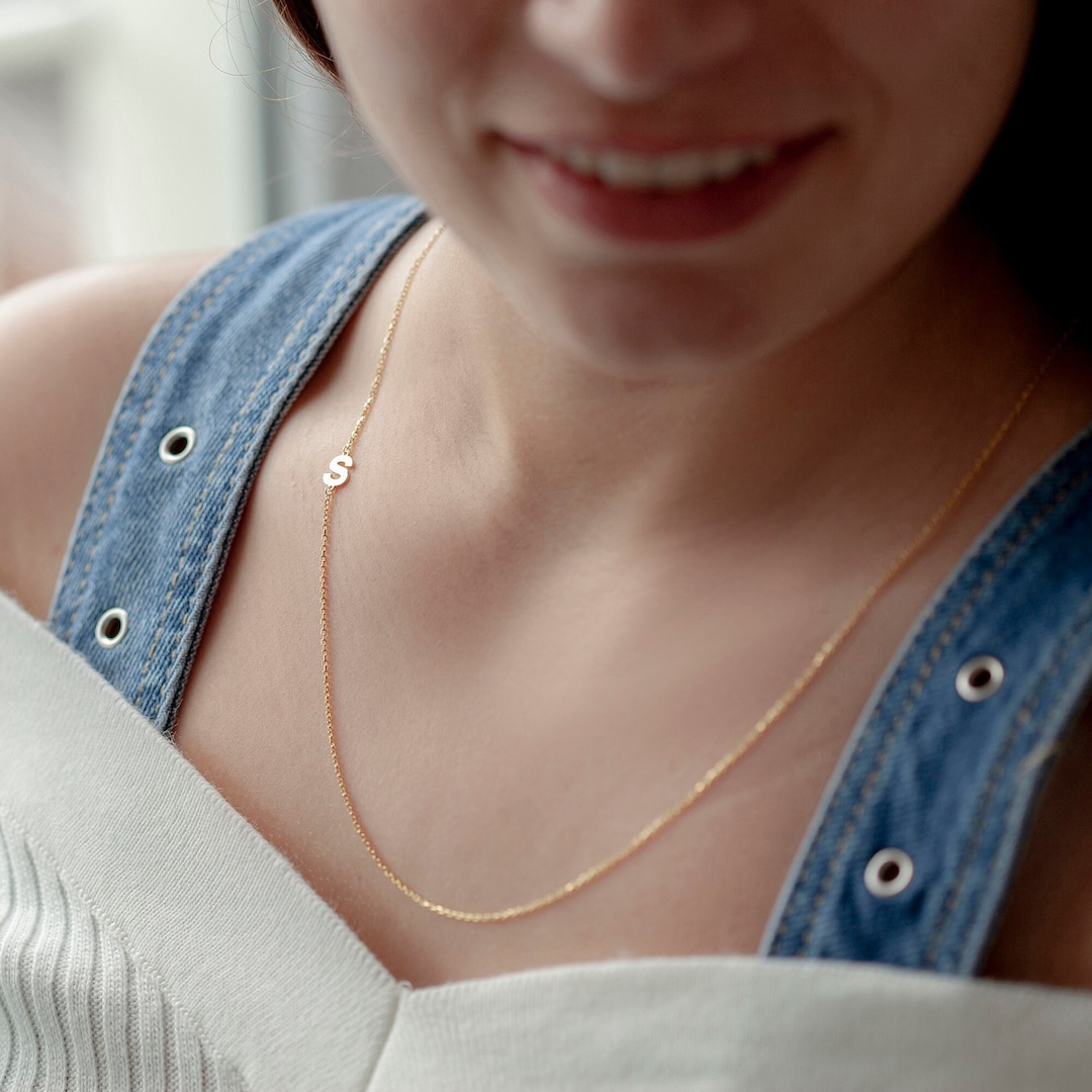 14K Gold Sideways Initial Necklace, 14K Gold Initial Necklace, Letter ...