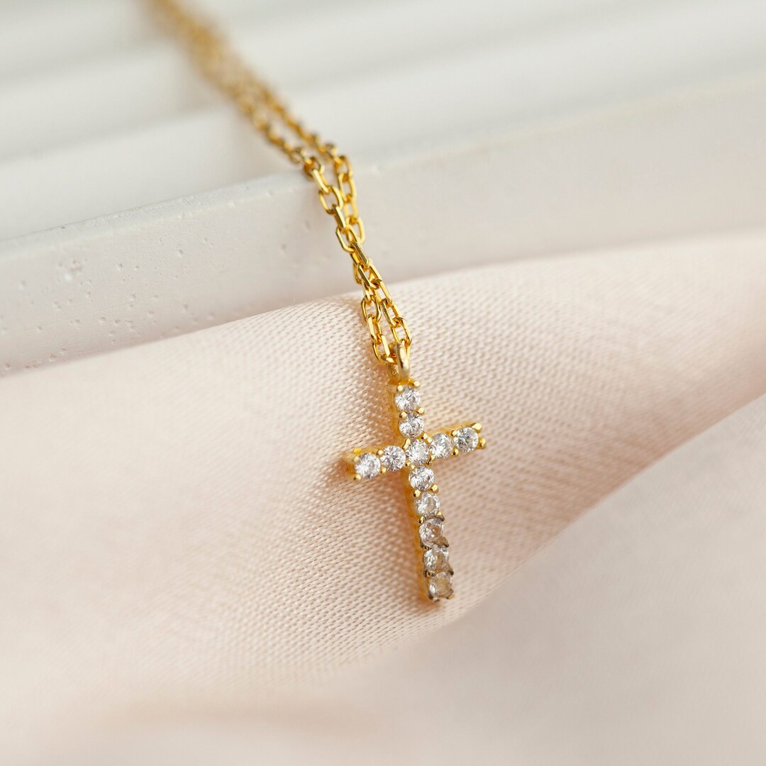 14K Solid Gold Cross Necklace, Solid Dainty Diamond Cross, Baptism Gift ...