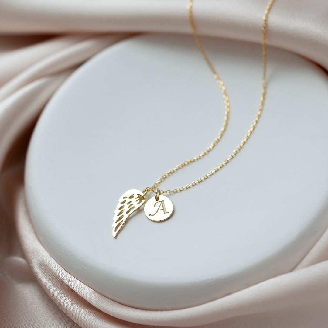 14K Solid Gold Memorial Angel Wing Necklace With Initial Disc - Etsy