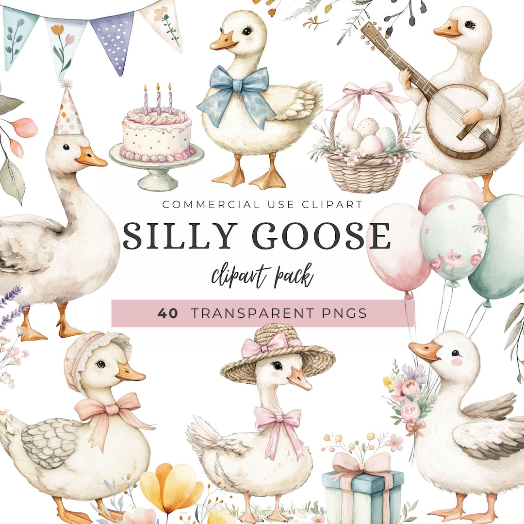 Silly Goose Watercolor Clipart Set PNG, Cute Goose Art, Funny Goose ...