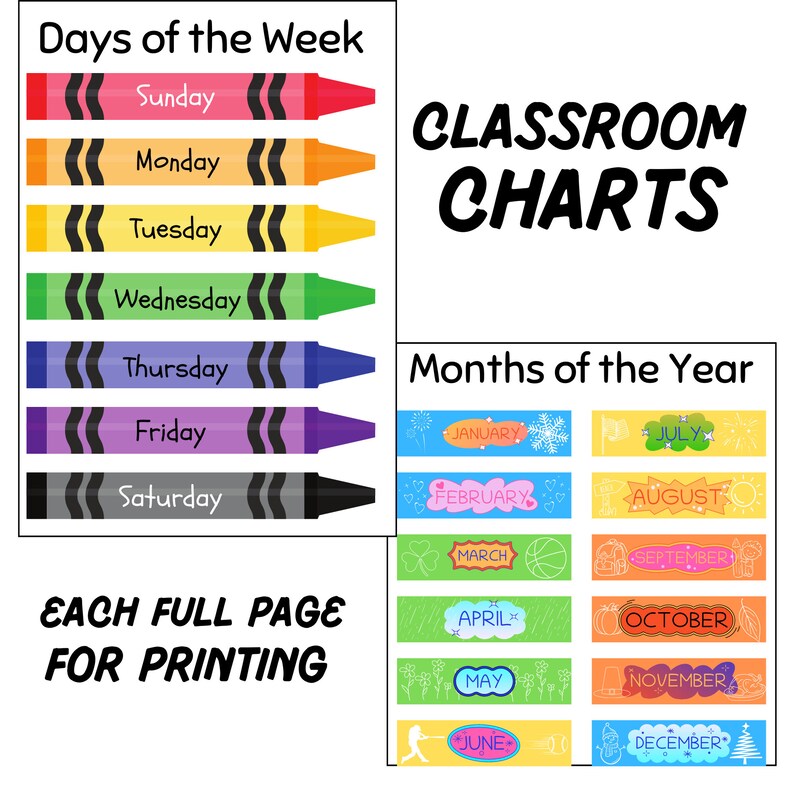 Days of the Week Colors Months of the Year Classroom Chart Printable - Etsy
