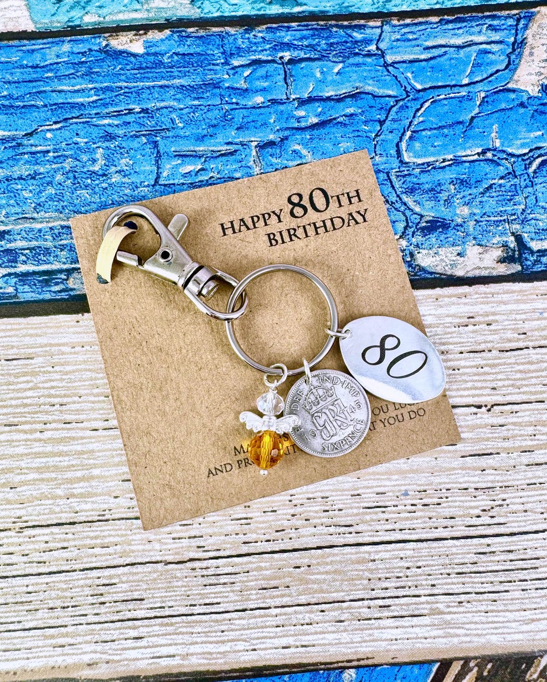 80th Birthday Keyring: 1946 Lucky Sixpence & Guardian Angel Charm - Etsy
