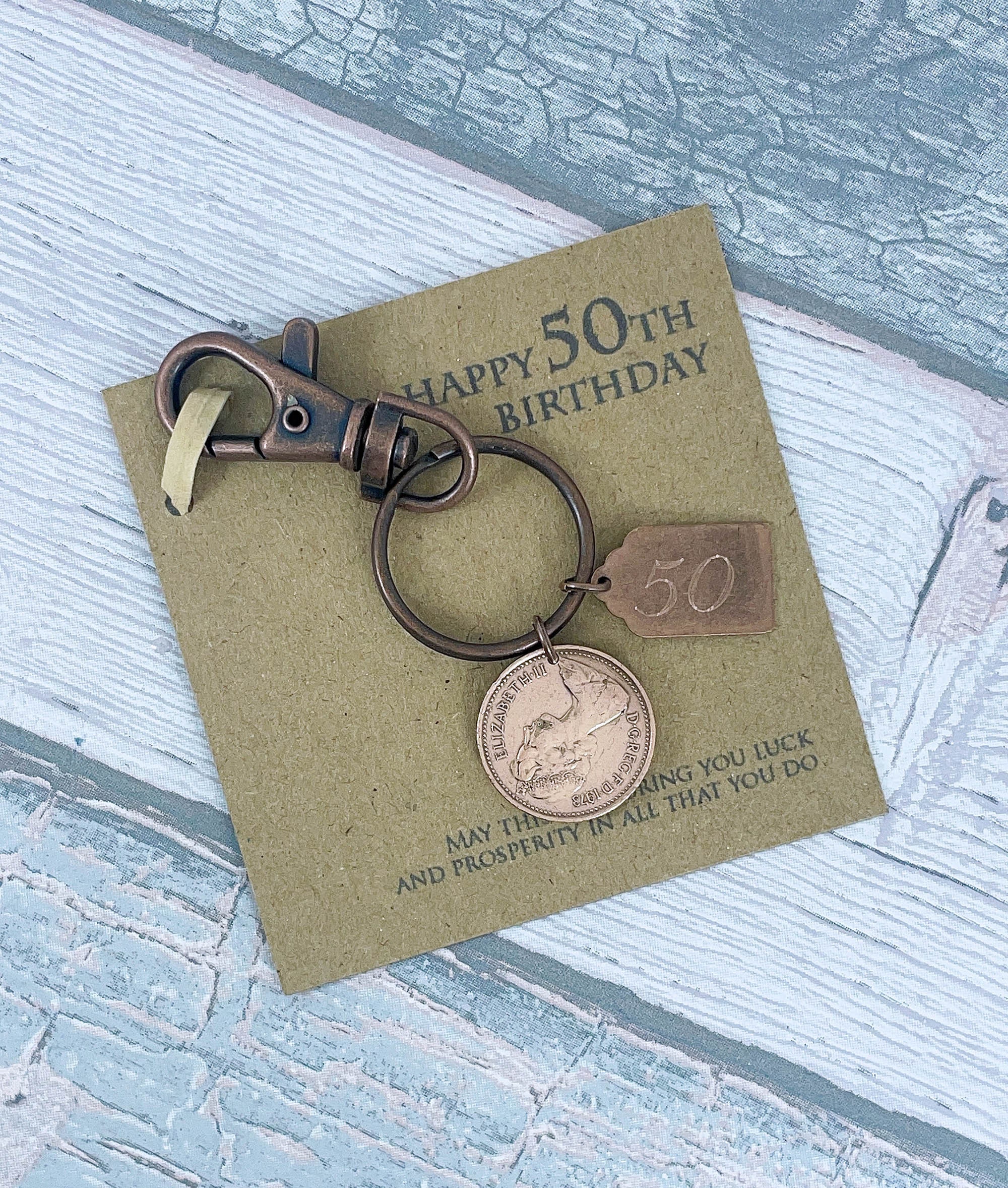 50th Birthday Keepsake Gift, Year 1974 British Penny Coin Keyring, Add ...