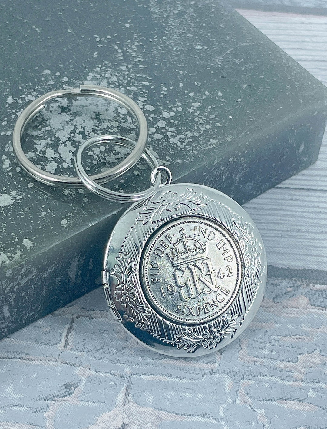 80th Birthday Gift: 1945 Silver Sixpence Locket Keyring - Lucky British ...