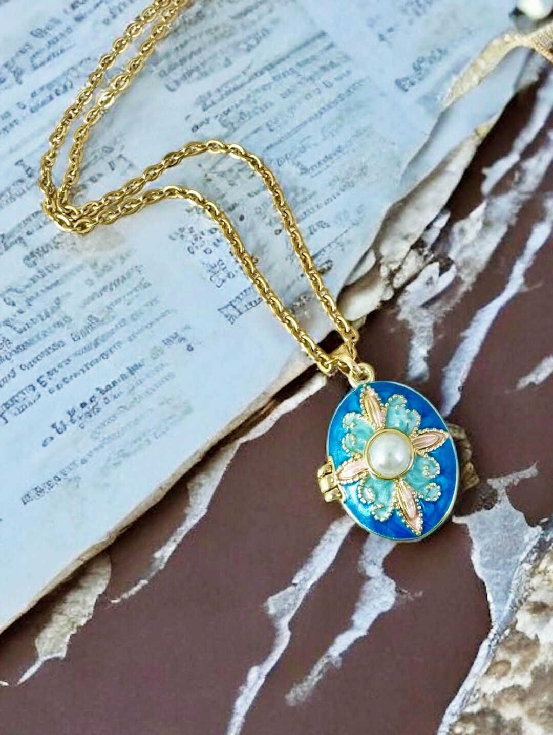 Gold Plated Blue Enamel Locket Pendant Necklace With Birthstone - Etsy