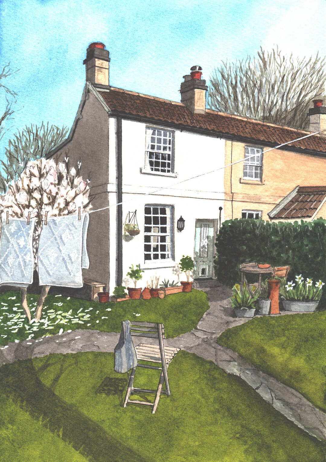 Watercolor Cottage Print: English House, Spring Landscape (digital ...