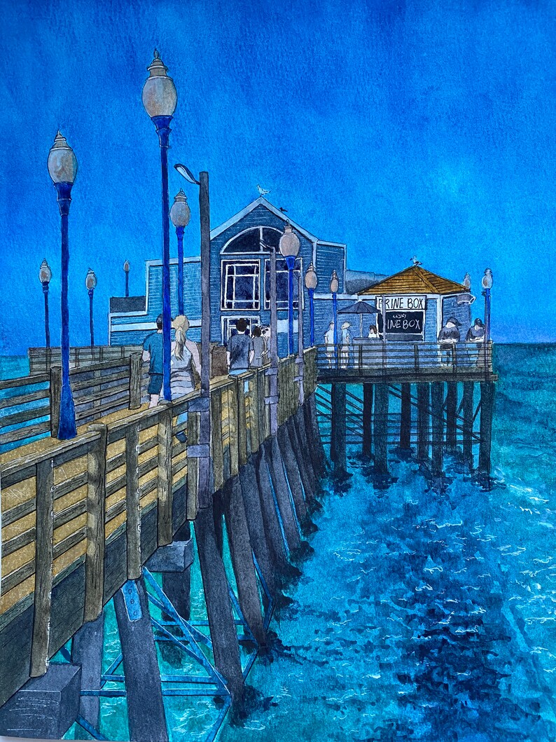 Original Watercolor Drawing of the Oceanside Pier Watercolor Landscape ...