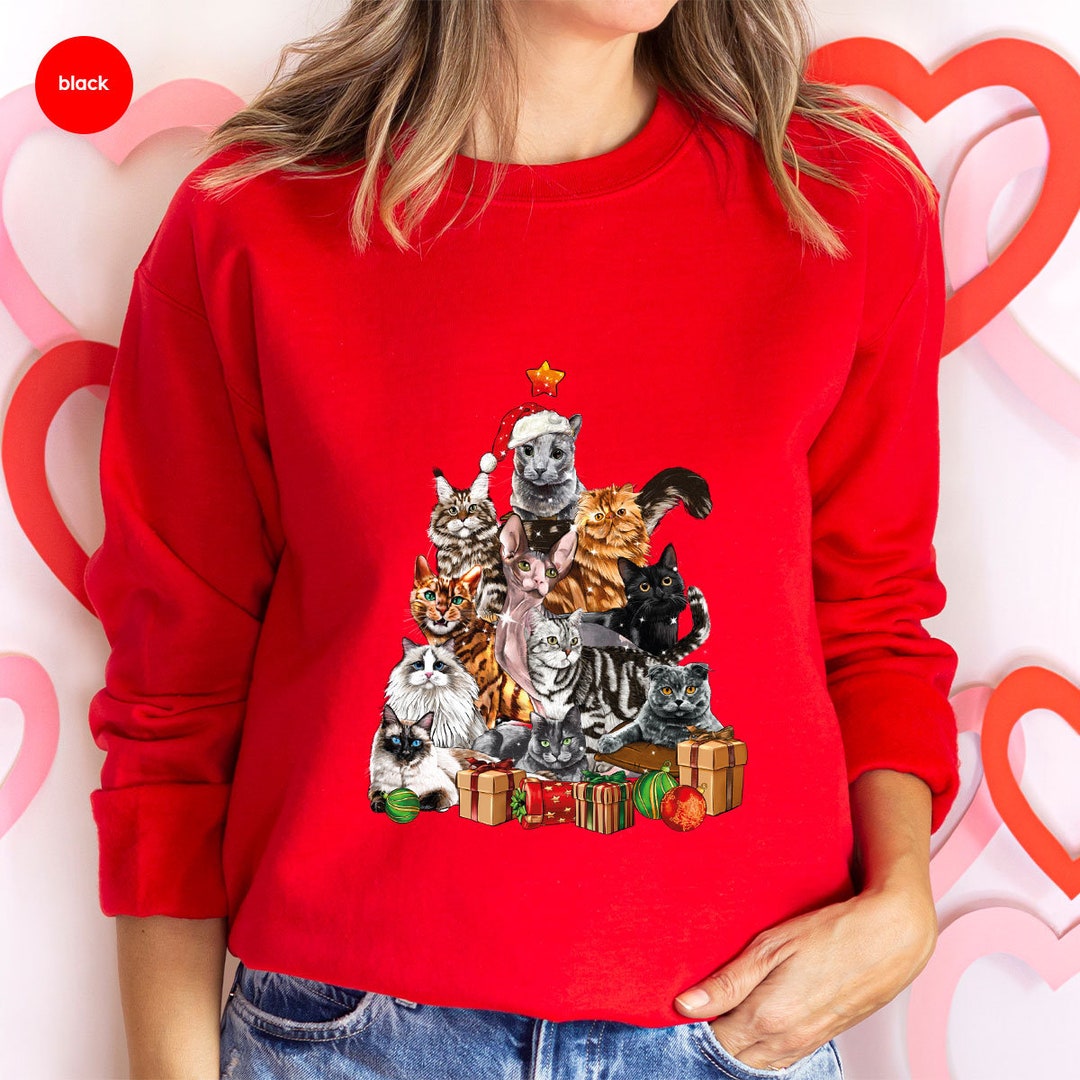 Cute Cat Christmas Sweatshirt Funny Cat Lover Apparel Festive Catmas ...