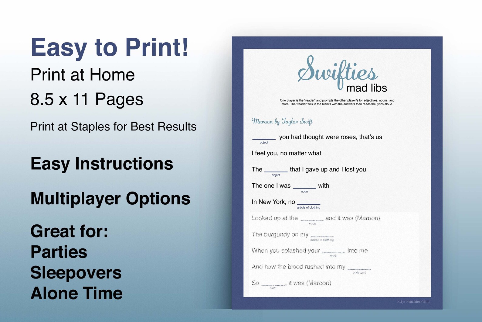 Taylor Swift Party Games: Mad Libs PDF - Etsy