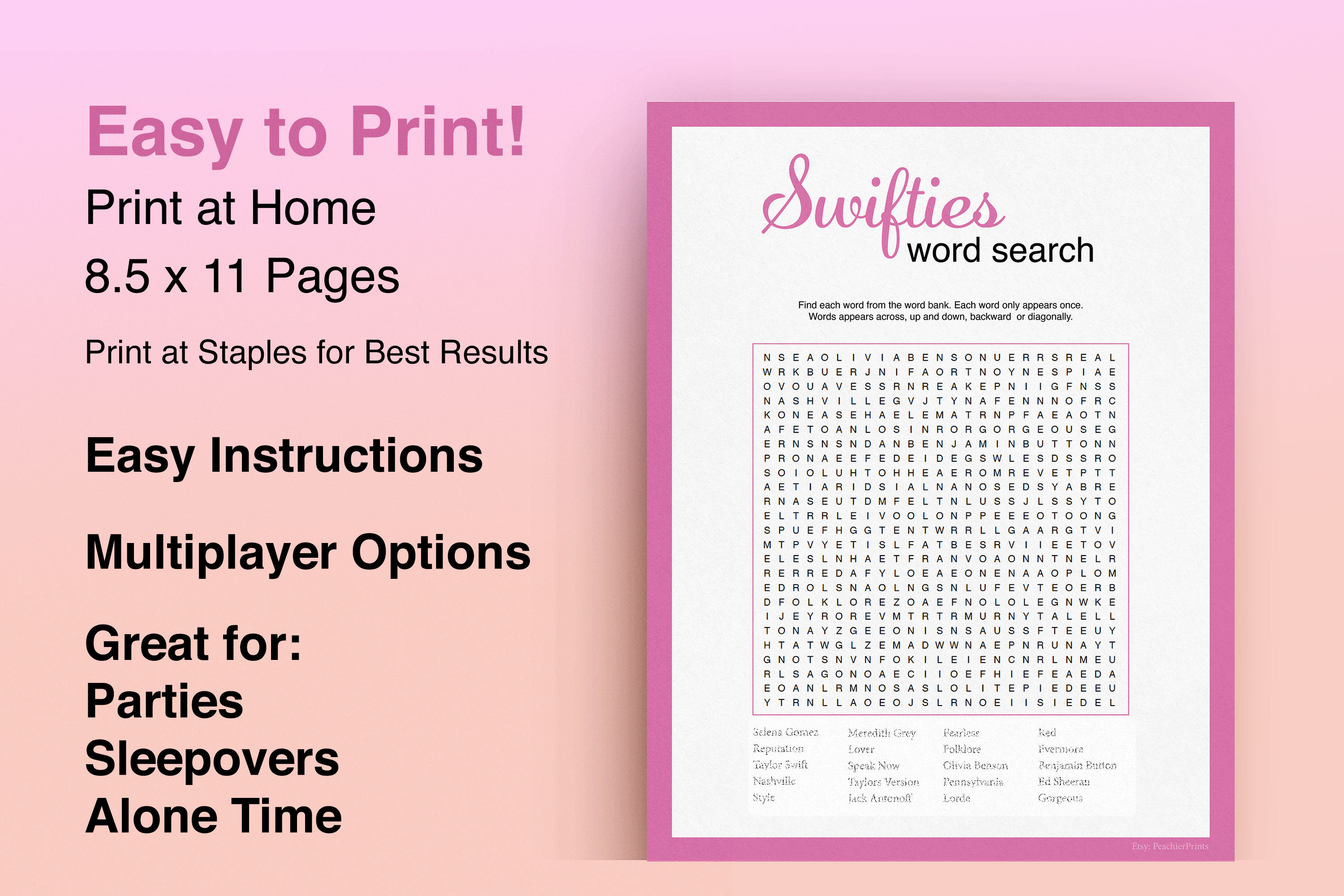 Taylor Swift Party Games: Word Search, Crossword, and More PDF - Etsy