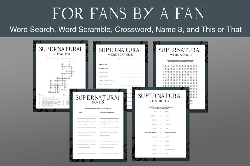 Supernatural Game Bundle PDF: Word Search, Crossword, Word Scramble ...