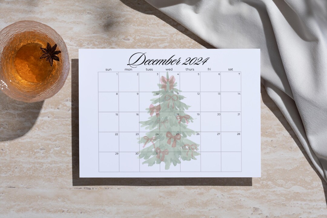 Cute Christmas Calendar Wall Art Instant Download Bow Christmas Tree - Etsy