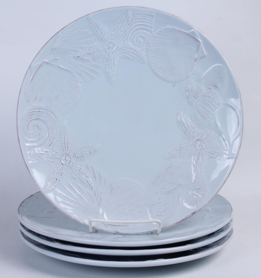 4 Blue Sky Clayworks Seahorse & Seashell Menagerie Blue Dinner Plates ...
