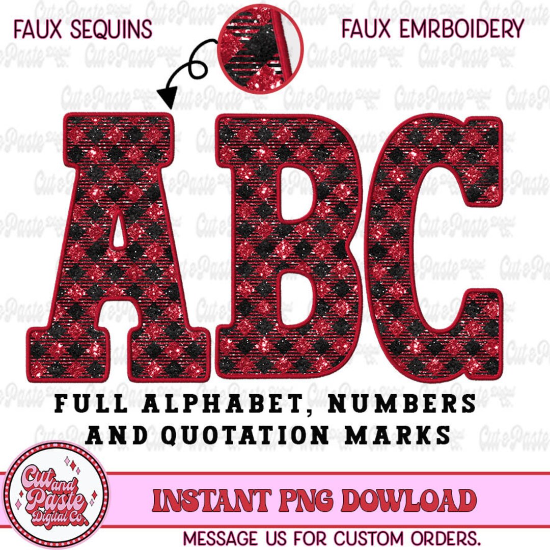 Faux Embroidery Alphabet PNG: Red Black Plaid Glitter - Digital ...