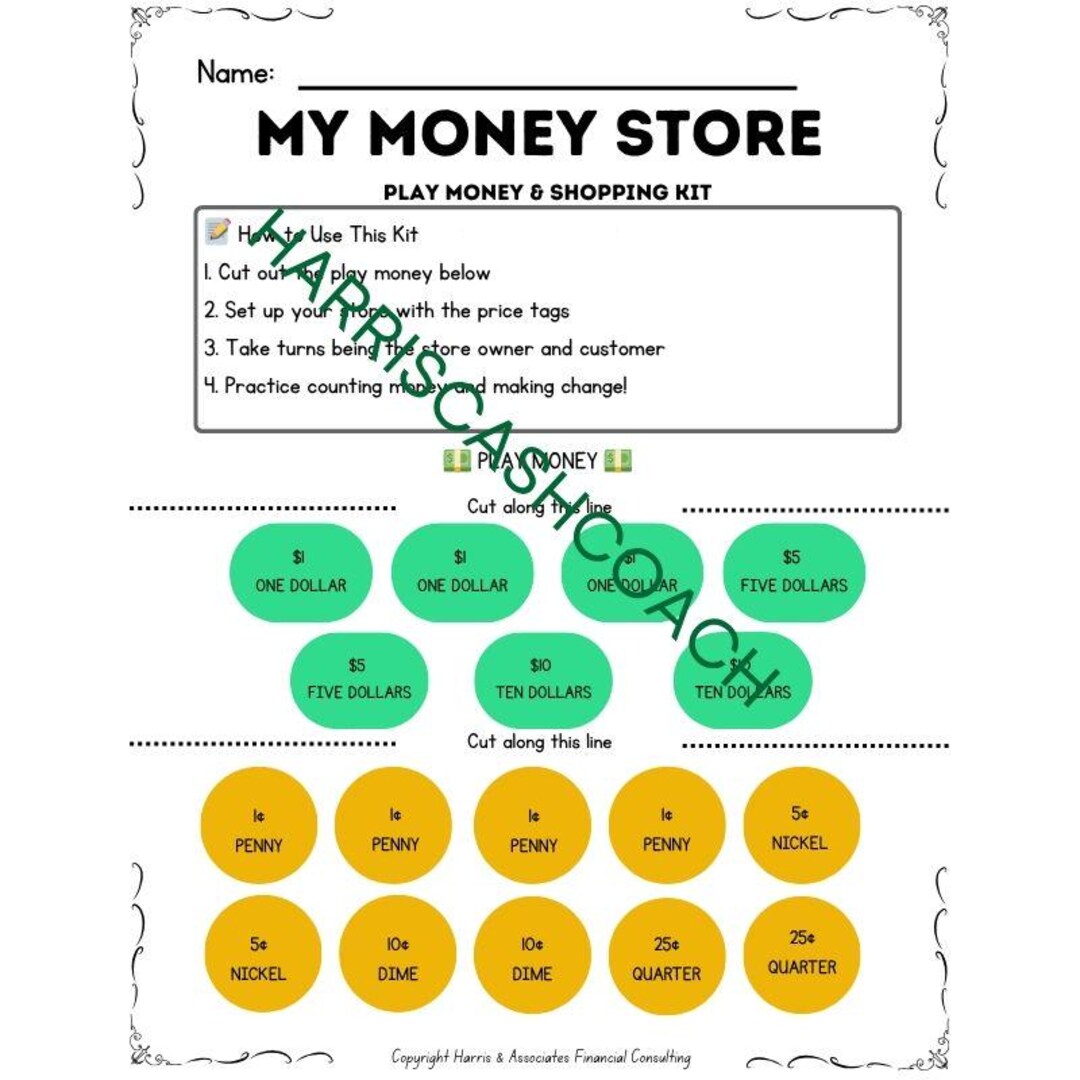 Money Store Worksheet for Kids Ages 4-12 | Printable Coin Activities ...