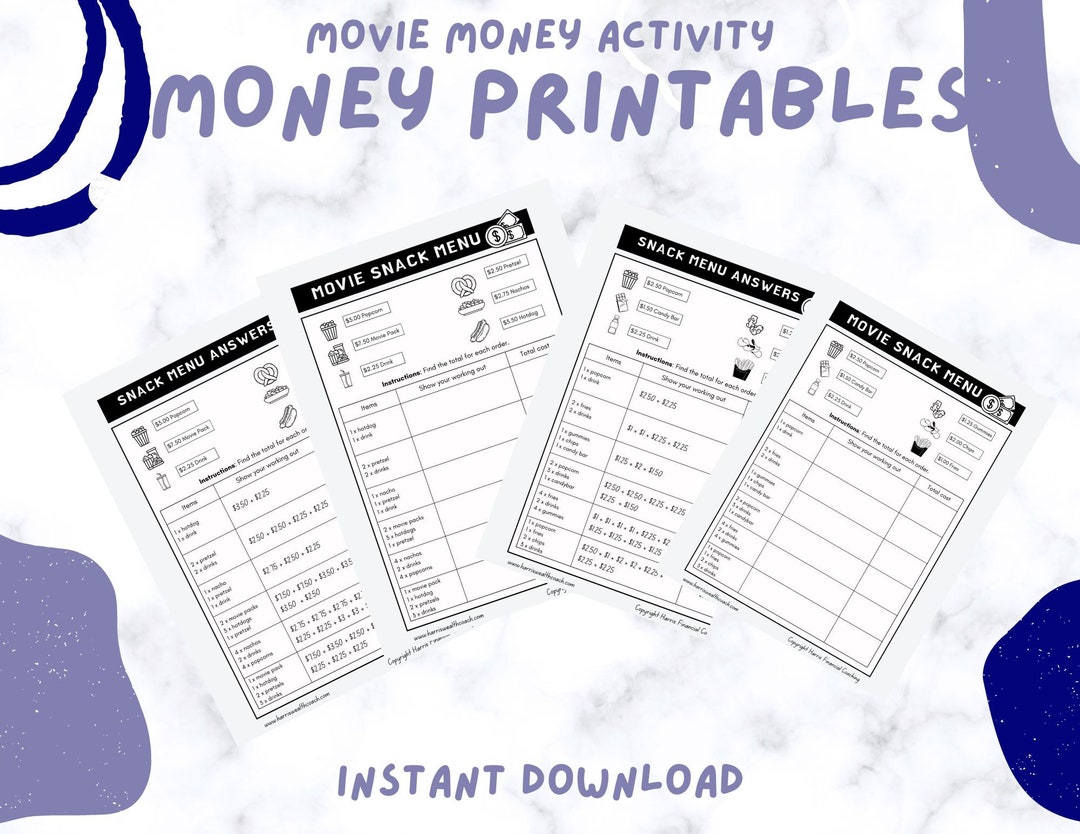 Movie Theater Money Math Worksheets: Kids Counting Activity (PDF) - Etsy