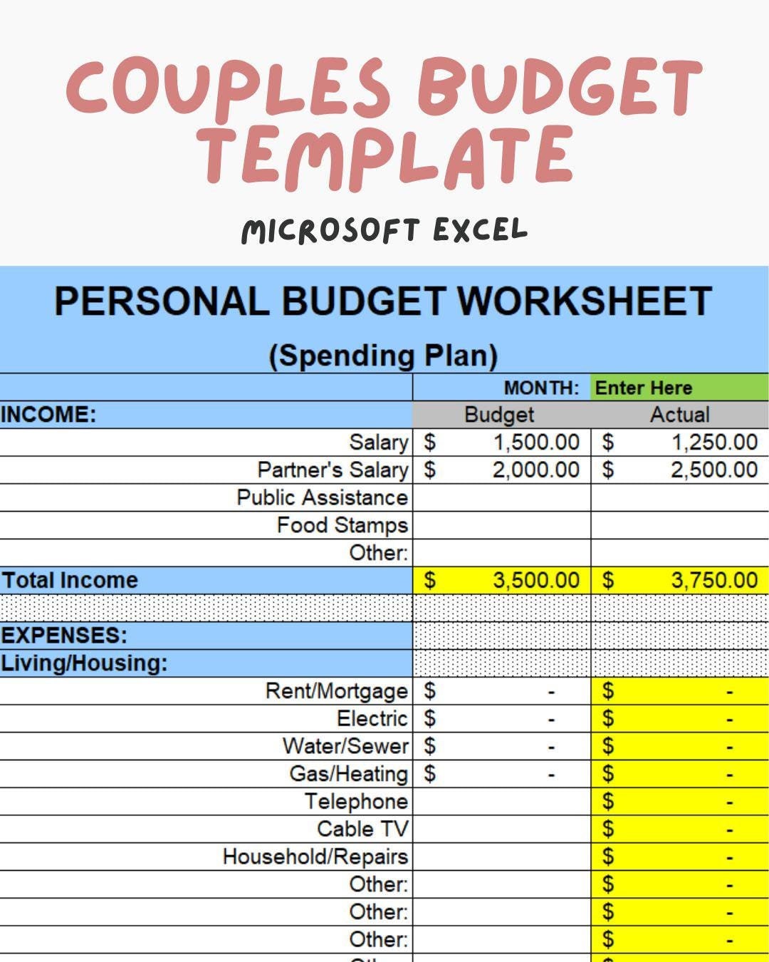 Easy Couples Personal Budget Excel Spreadsheet - Download for Managing ...
