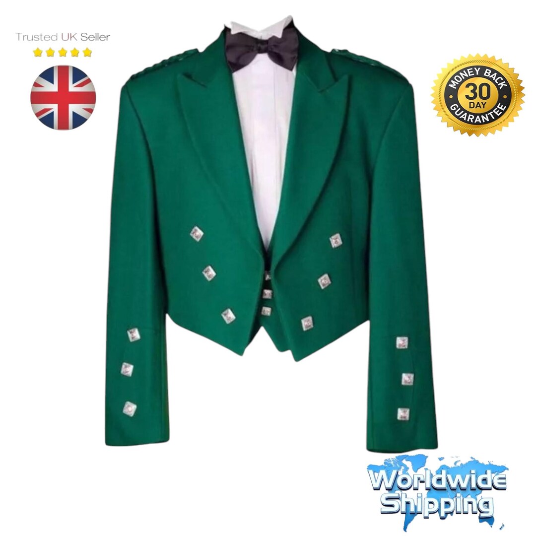 Scottish Men's Green Wool Handmade Regulation Doublet Kilt Jacket With ...