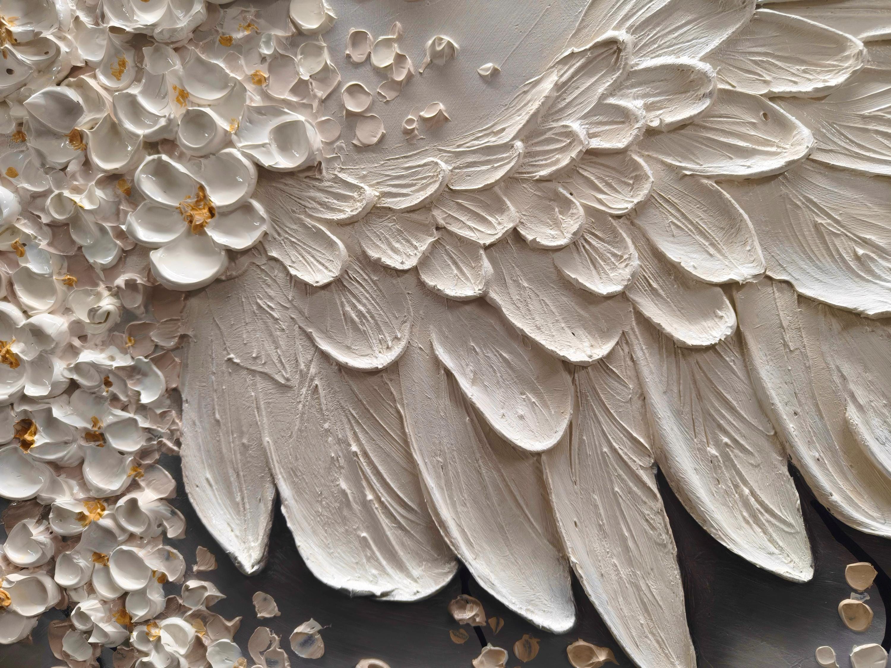 Angel Wing Oil Painting Original Large Textured Wall Art White Floral ...