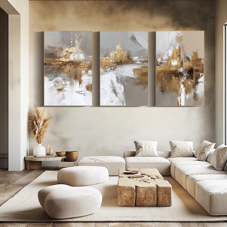 Abstract Triptych Wall Art Gold Textured Canvas Oil Painting Neutral ...