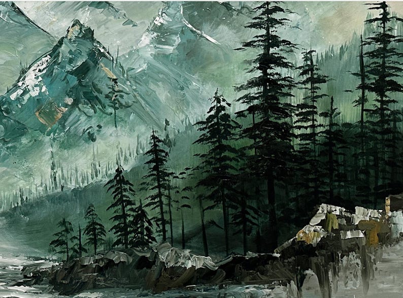 Mountain and Forest Painting on Canvas Original Green Wall Art ...