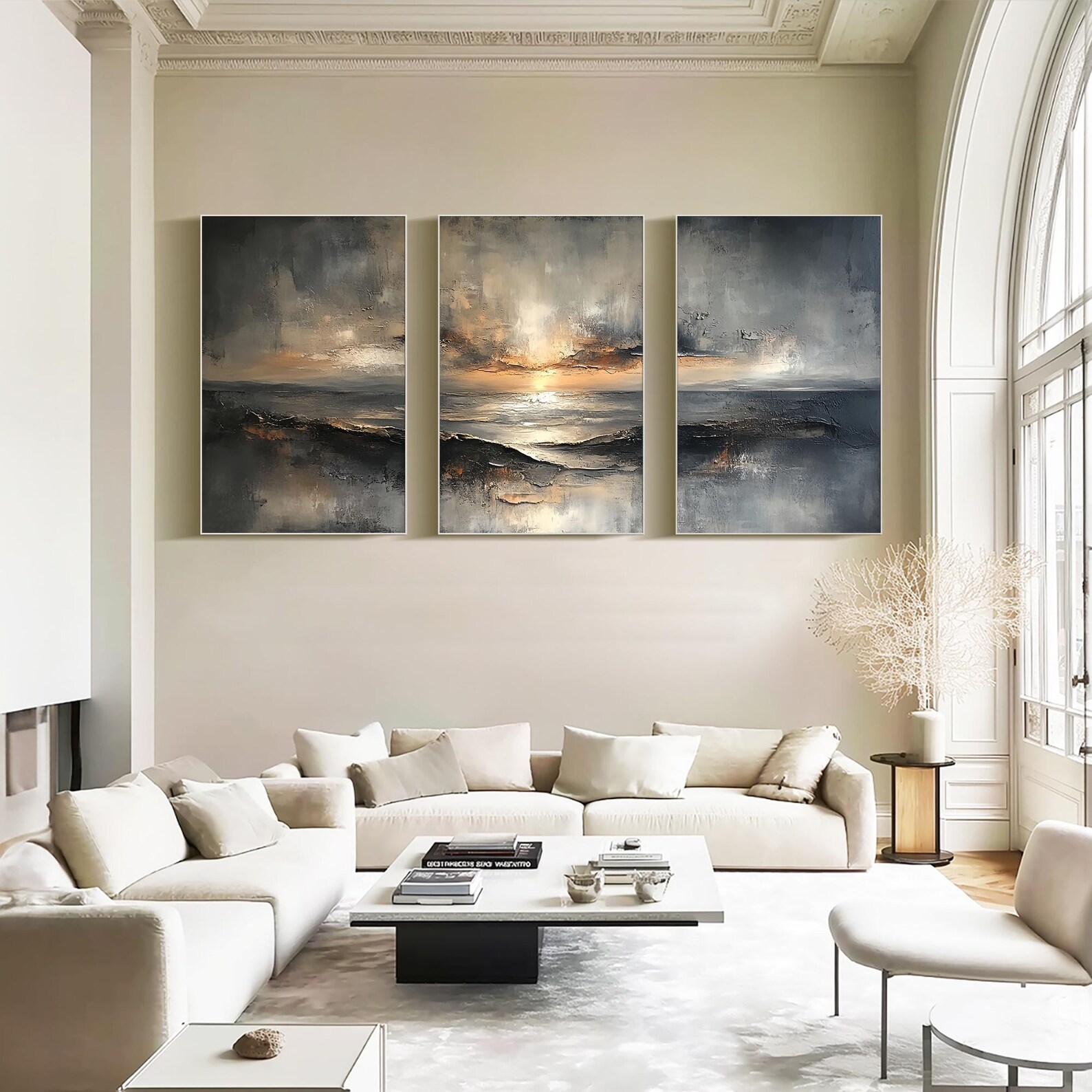 Original Abstract Triptych Oil Painting Large Textured Seascape Wall ...