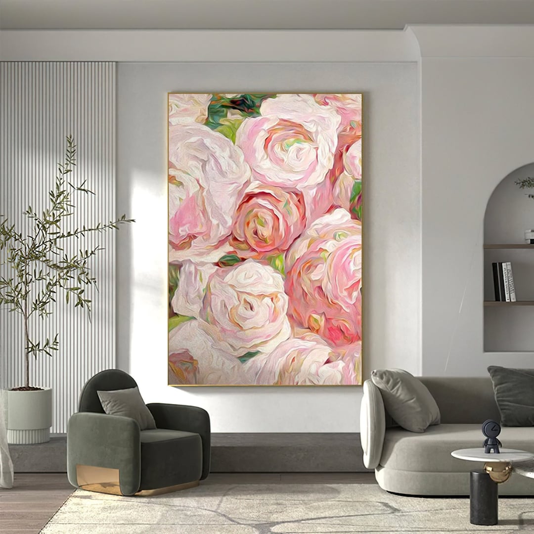 Pink Rose Oil Painting on Canvas Original Large Flower Wall Art Boho ...