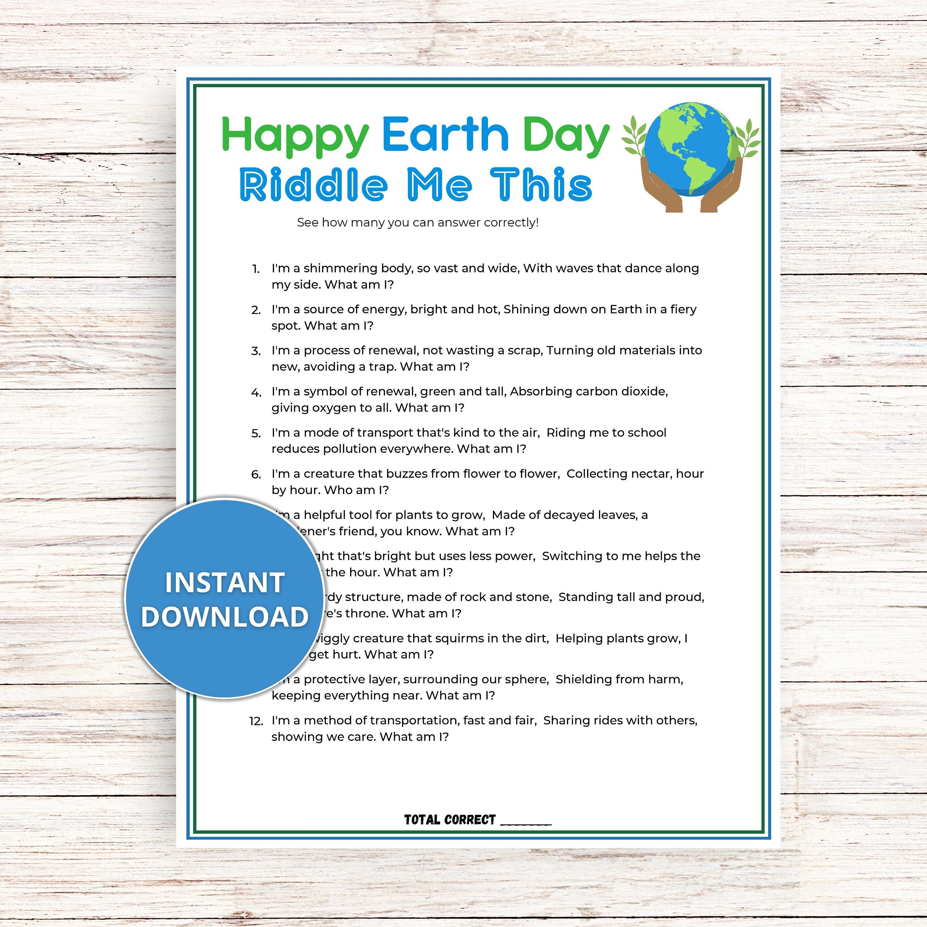 Printable Earth Day Riddle Me This • Earth Day Party Game for Kids ...